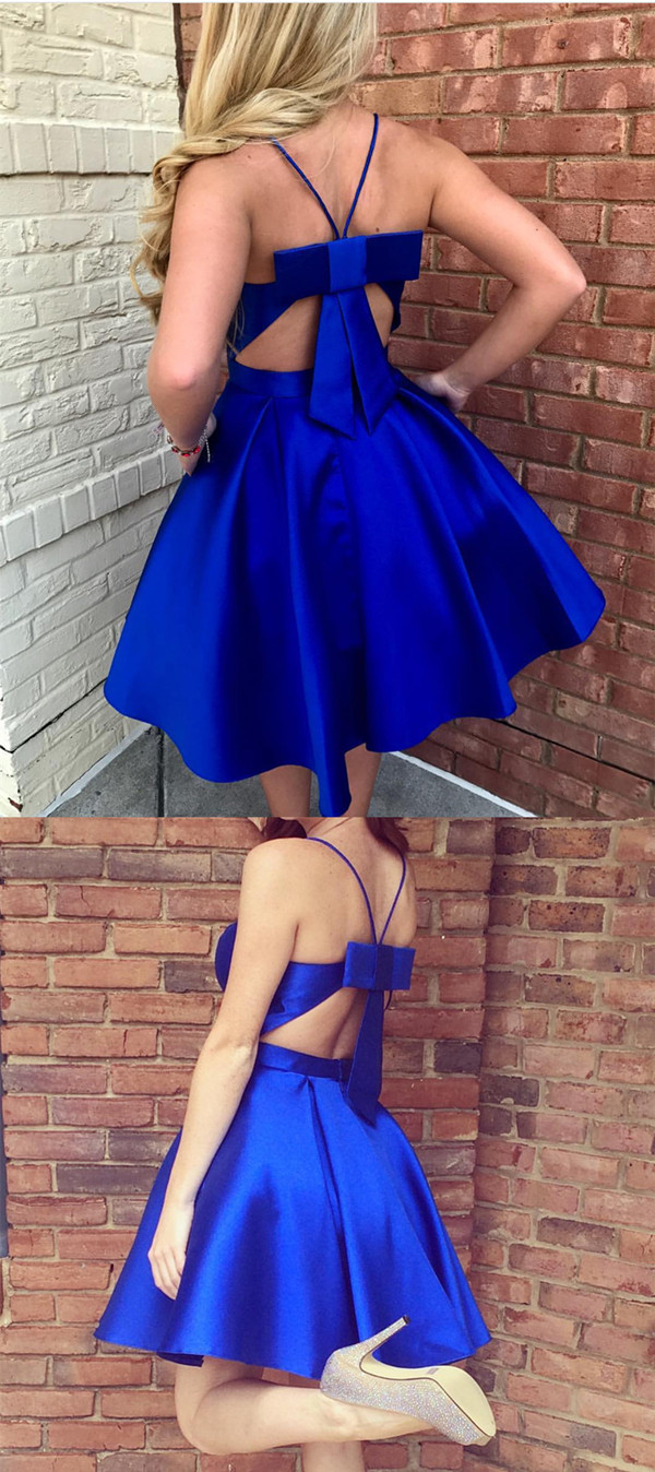 Royal Blue Homecoming Dresses Bow Back Cocktail Dress Short V Neck Prom