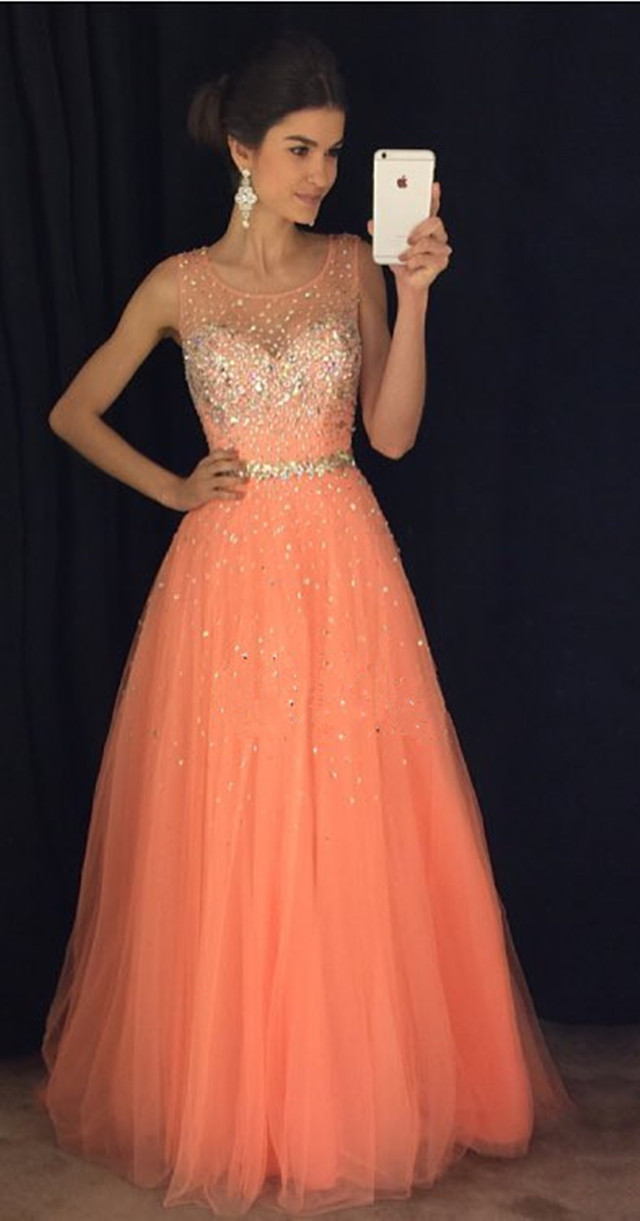 Coral Prom Dresses,cap Sleeves Prom Gowns,long Evening Dress,beaded ...