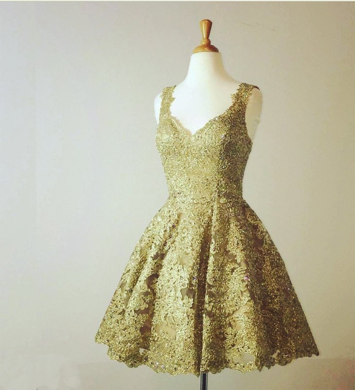 Gold Lace Homecoming Dresses,short A Line Prom Dresses,elegant Cocktail ...
