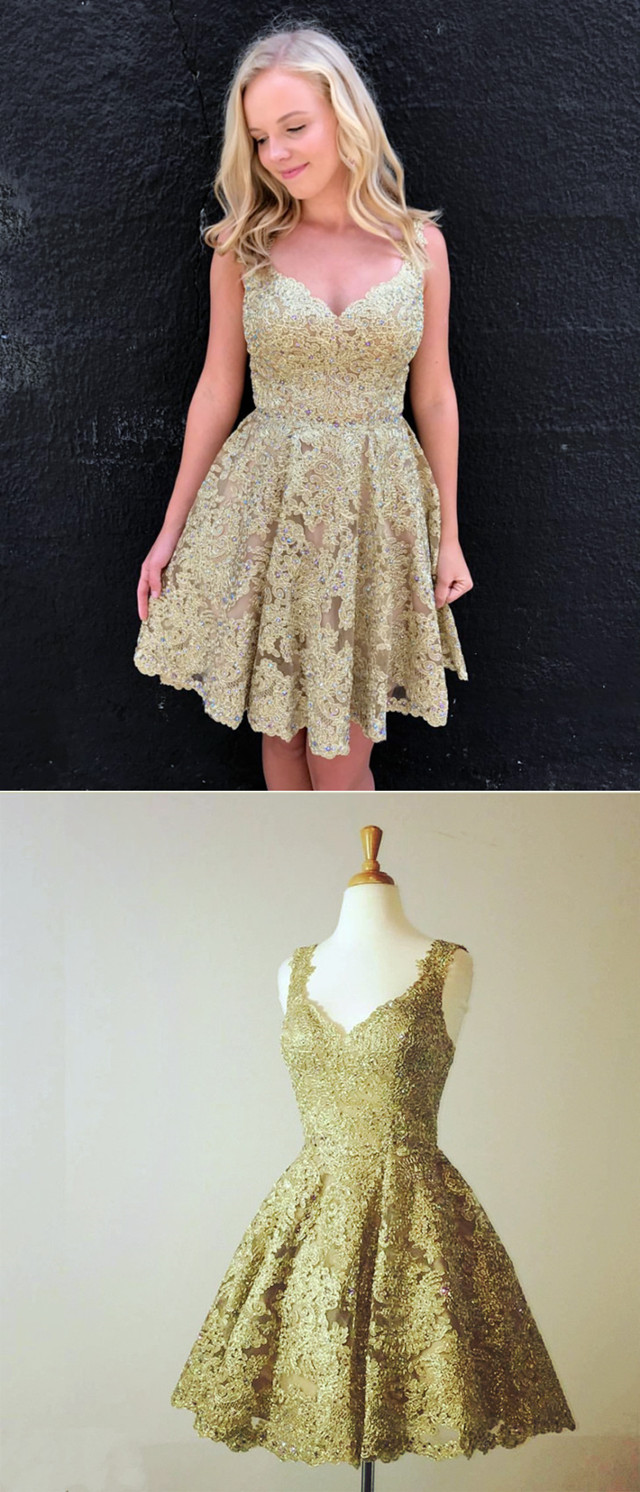 Gold Lace Homecoming Dresses,Short A Line Prom Dresses,Elegant Cocktail ...