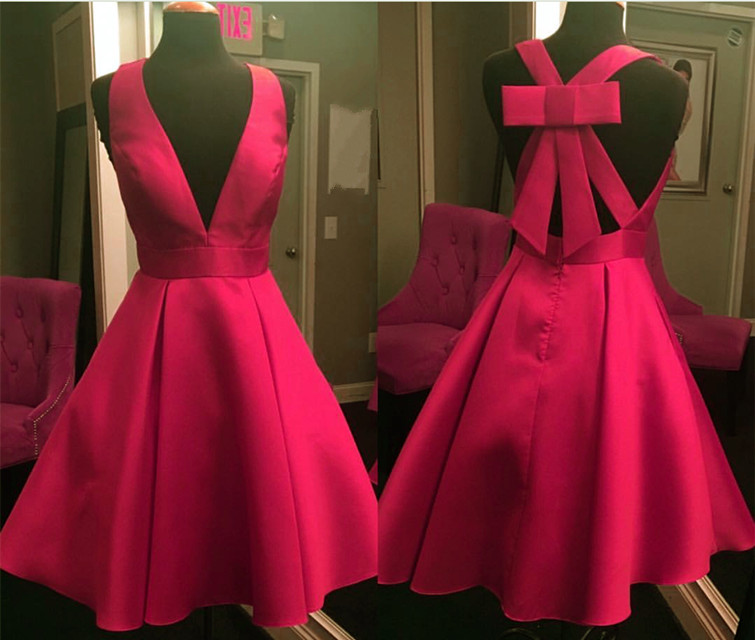 V Neck Homecoming Dress,short Prom Dresses,bow Back Cocktail Dress,cute ...